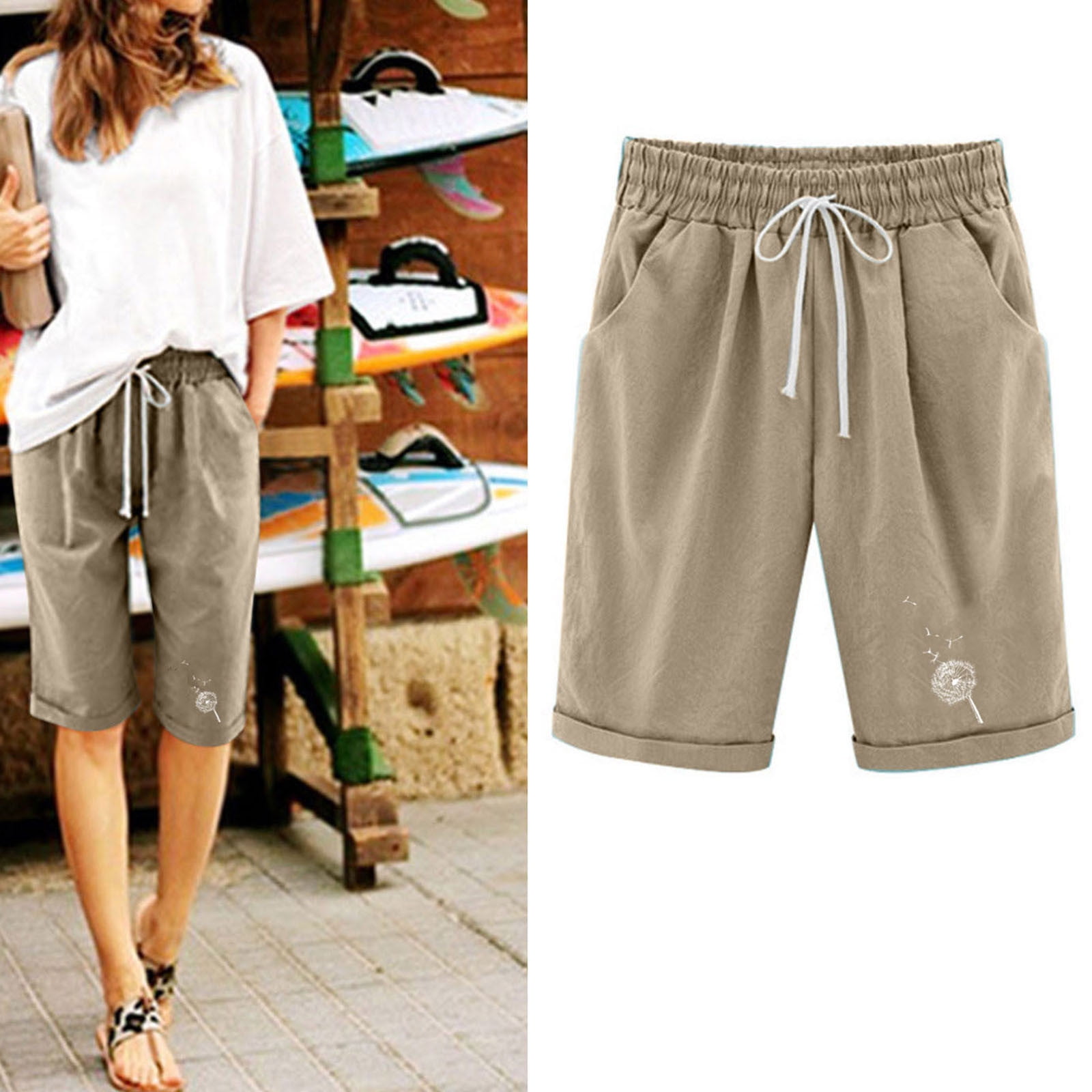 Caywon Women's Cotton and Linen Casual Breathable Five Quarter Pants ...