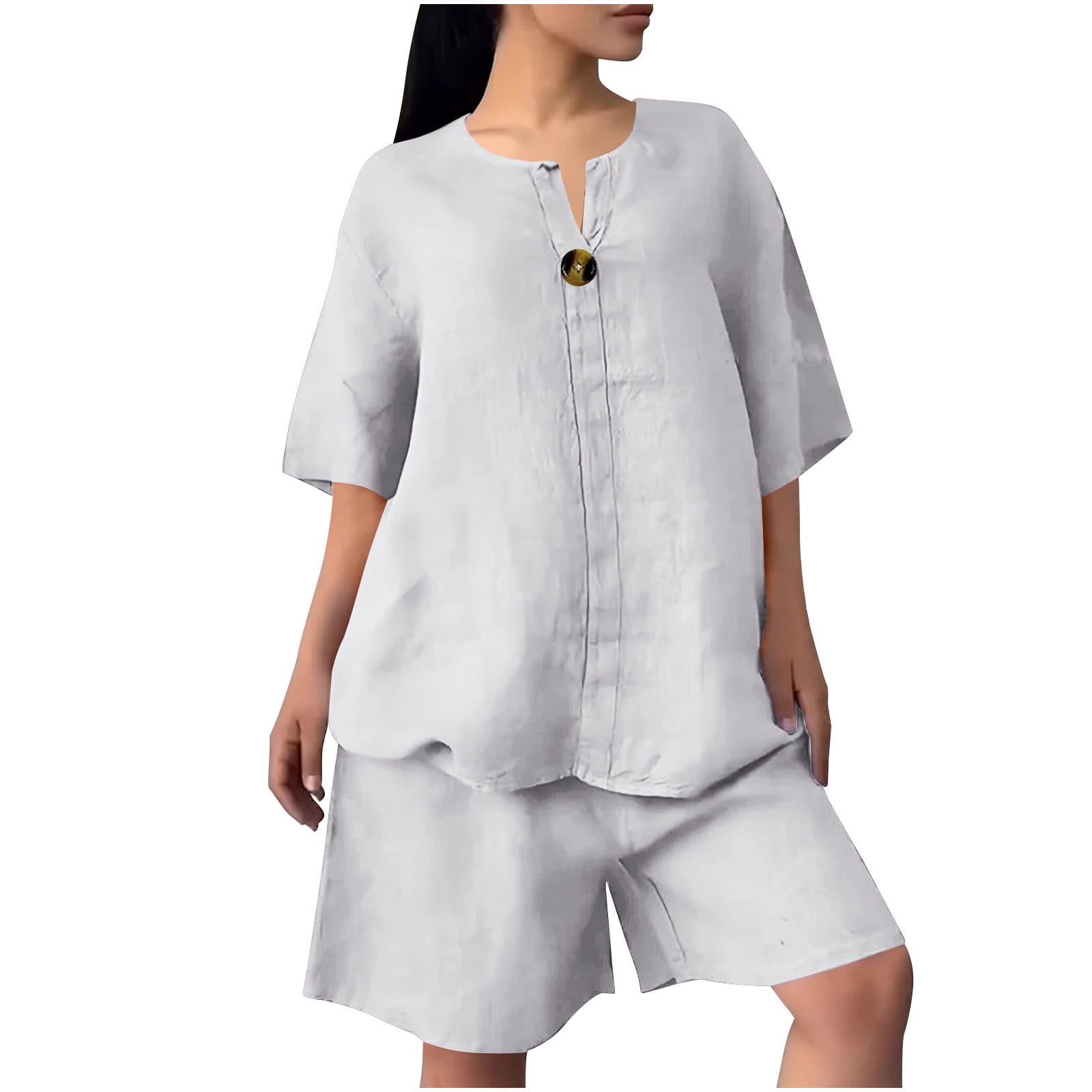 Caywon Fashion Women Solid V Neck Button Front Top and Short Pant Set 3 Quarter Sleeve Casual ...