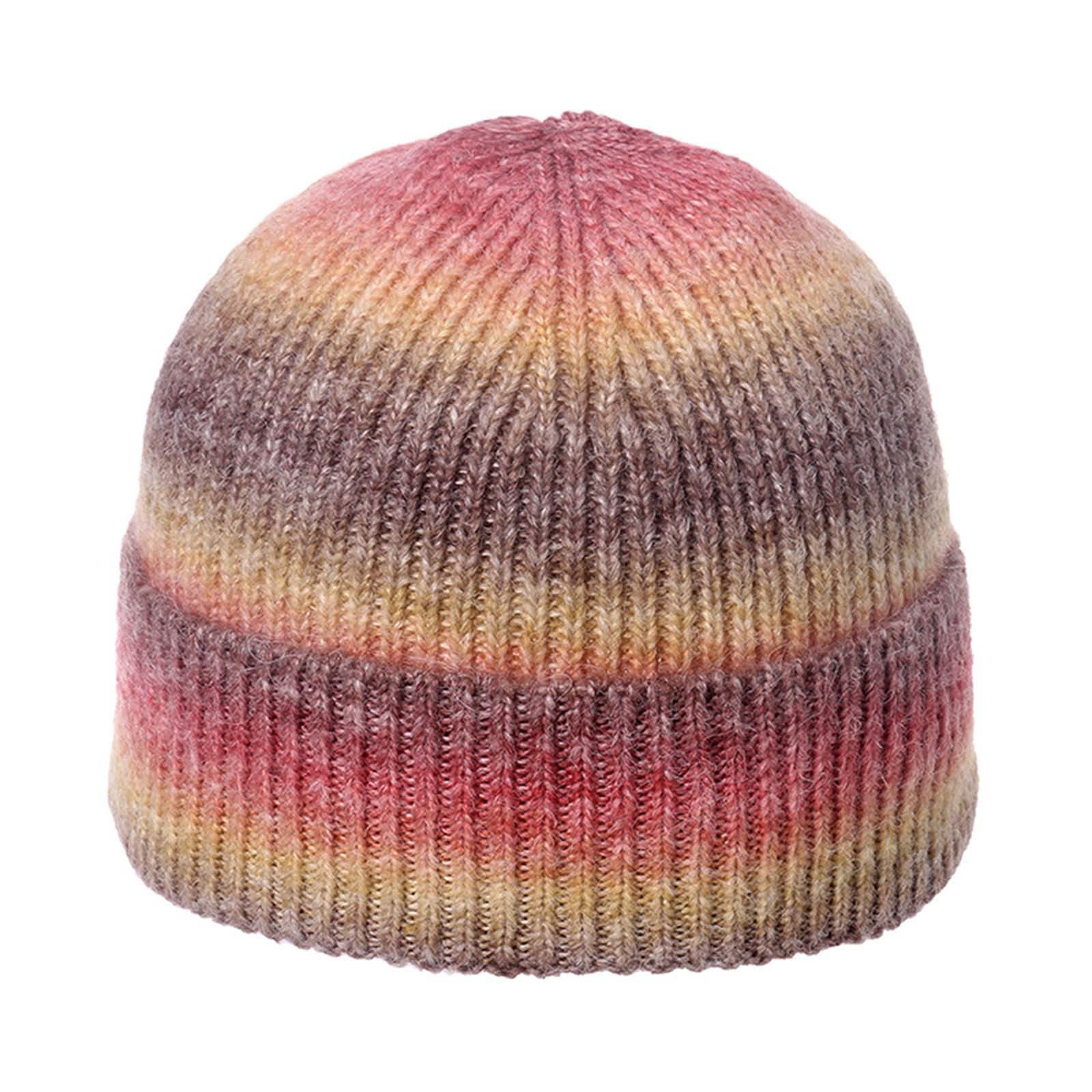 Caywon Gradient Knitted Hat Fashion Cuffed Brimless Beanie Outdoor Warm ...