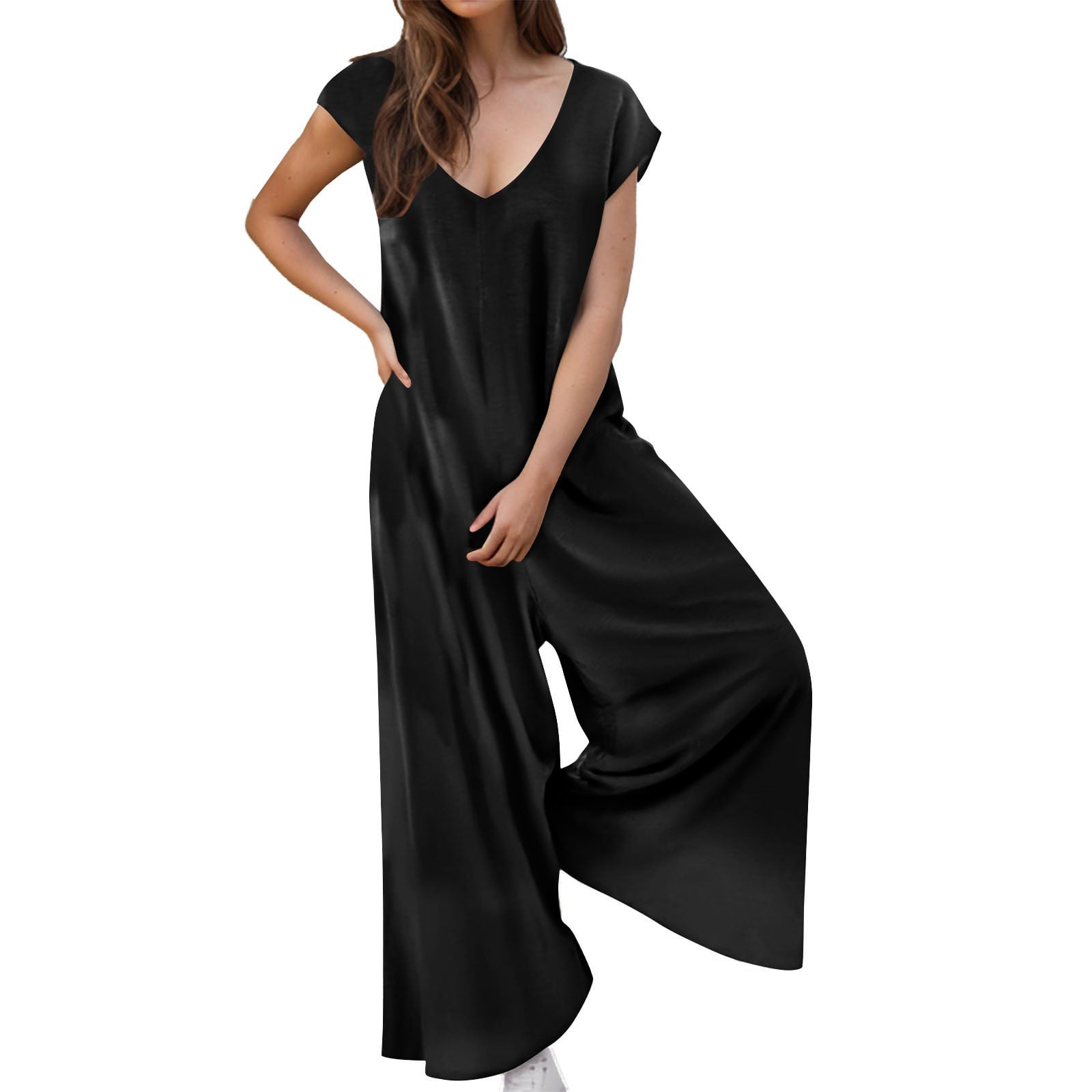 Caywon Jumpsuits for Women Summer Casual Loose Fit Short Sleeve Crew ...