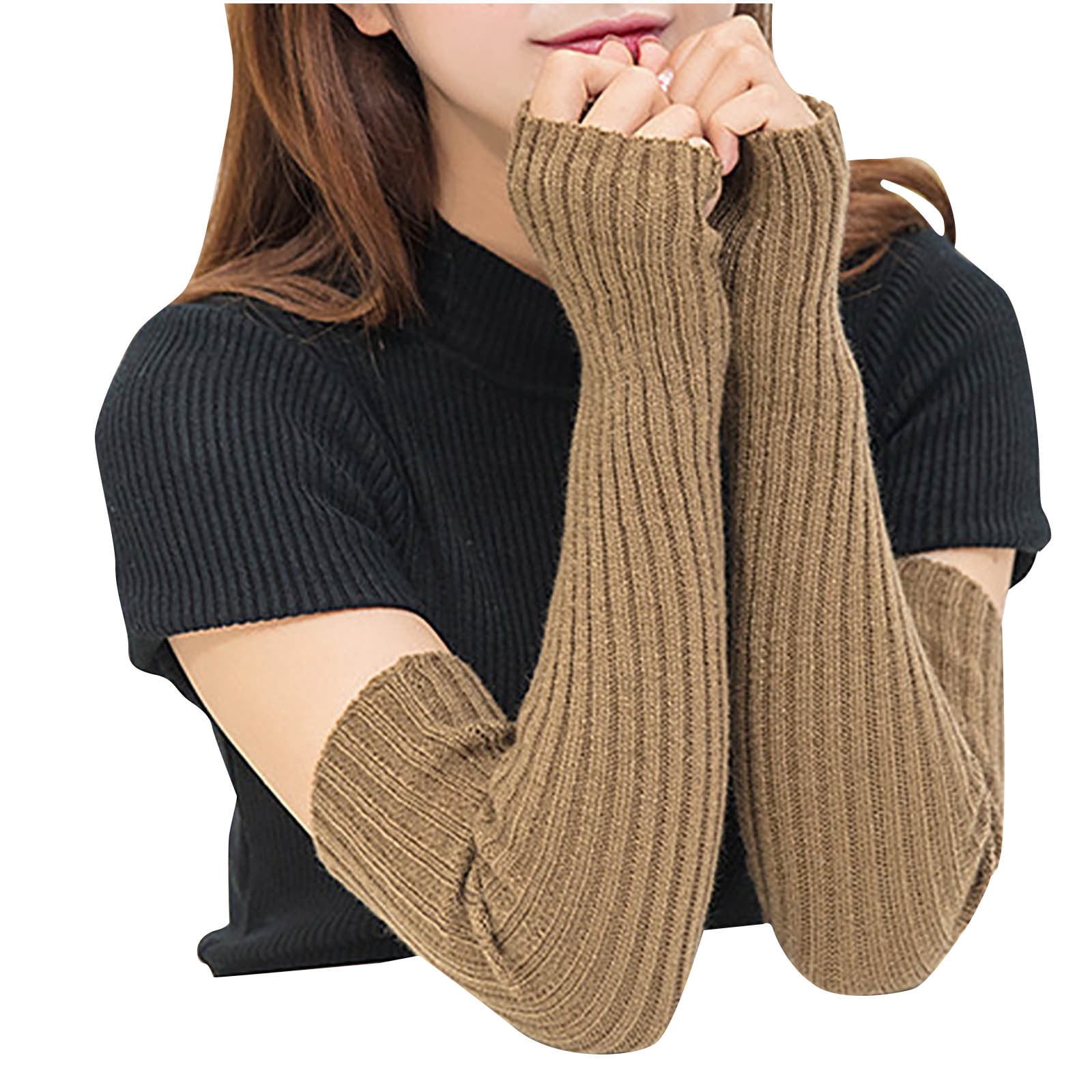 Caywon Long Fingerless Gloves for Women Knit Arm Warmers Thumb Hole ...