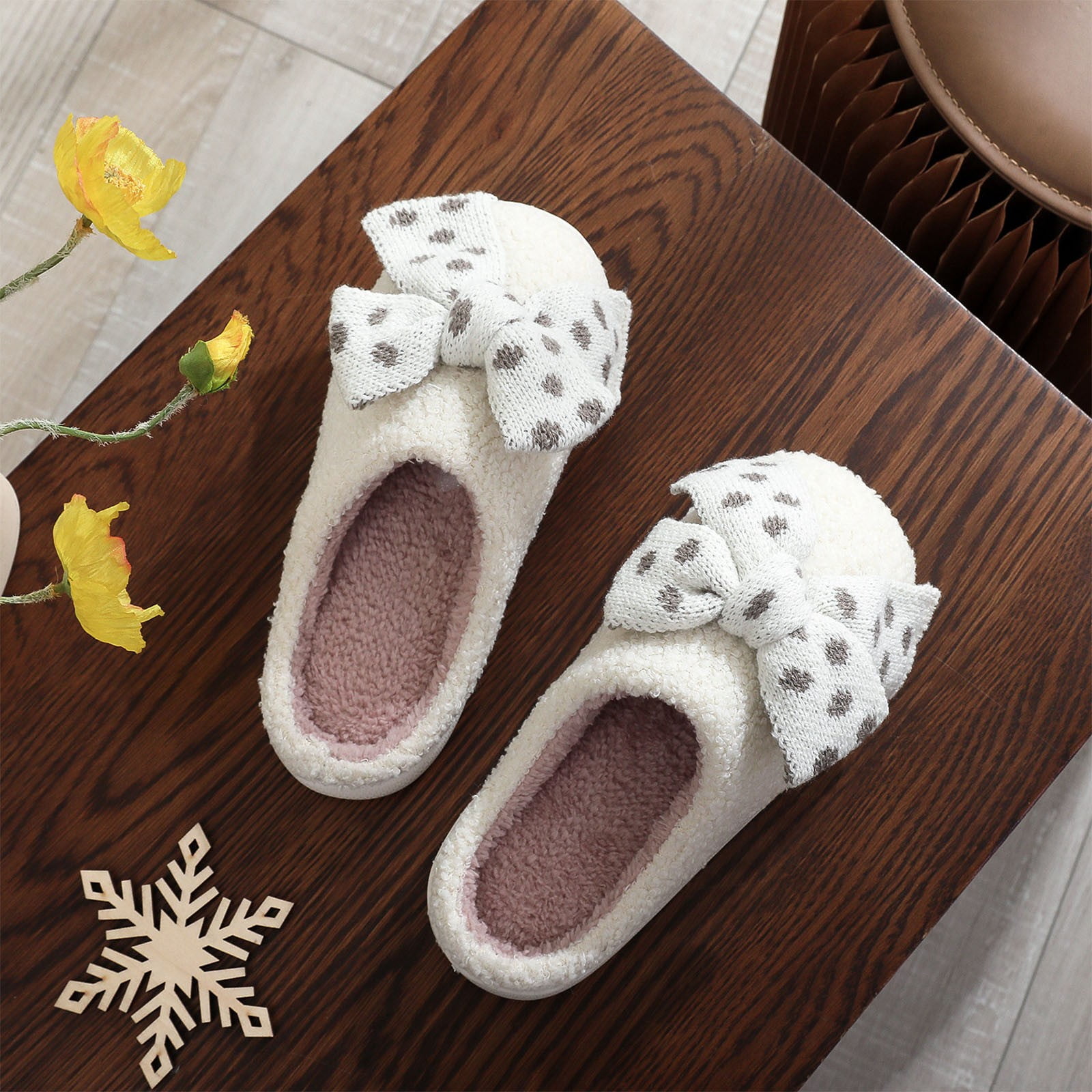 Caywon Men's Women's Couple Winter Bow Indoor Warm Cotton Slippers Home ...