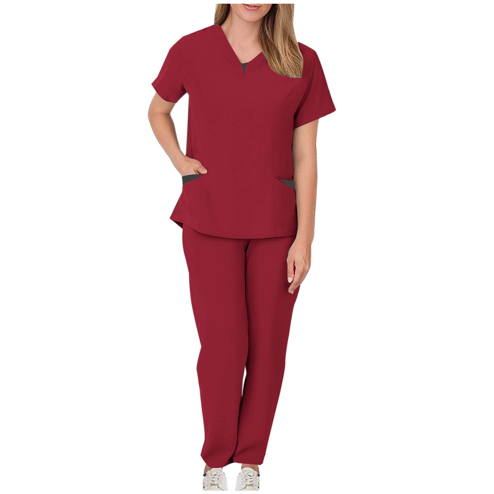 Caywon Practical Womens Workwear Matching Set Solid Color Pocket Detail