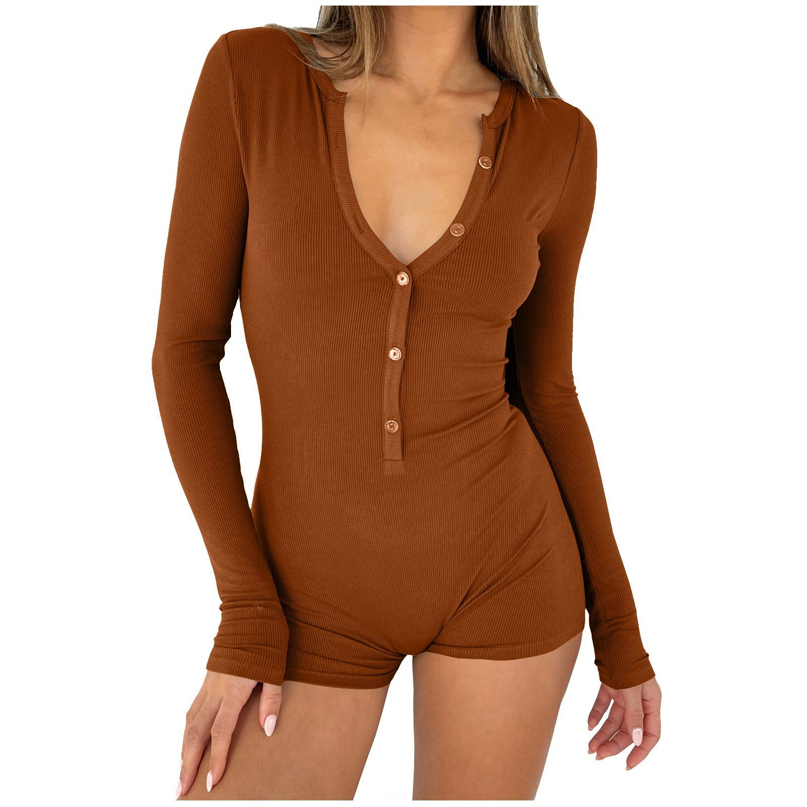 Caywon Ribbed Texture Womens Long Sleeve V Neck Yoga Romper Workout ...