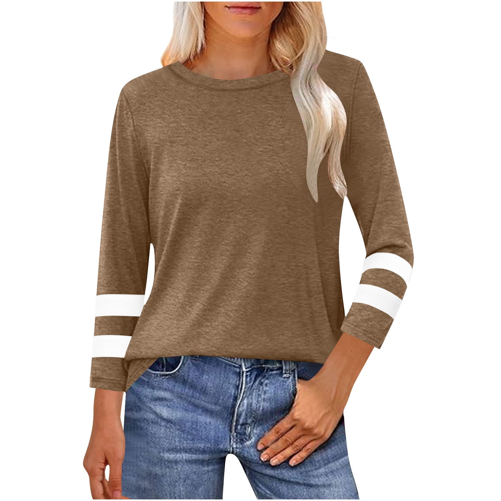 Caywon Round Neck Tops Three Quarter Sleeve Womens Solid Color Cuff ...