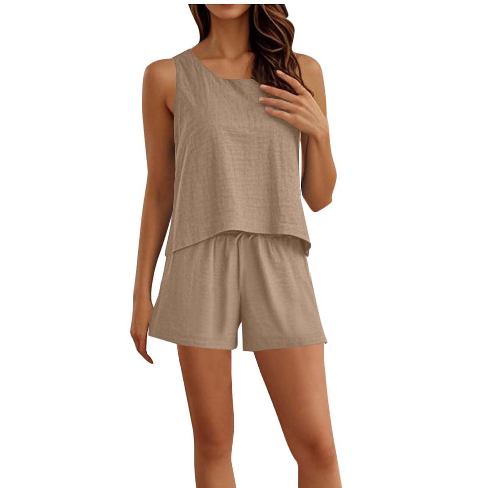 Caywon Women Fashion Solid Color Short Sleeve Top and Shorts Set Back ...