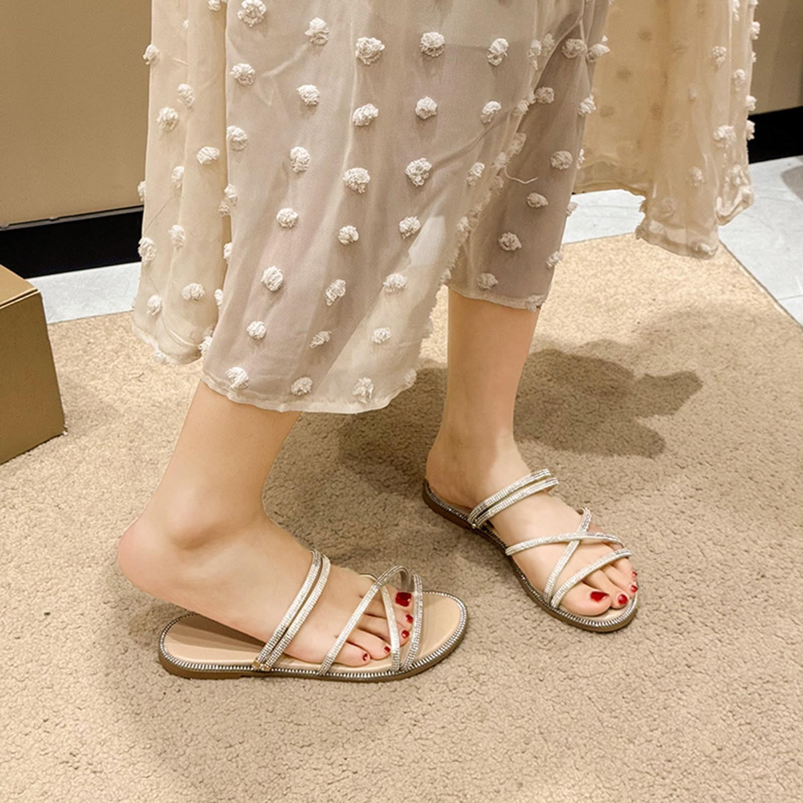 Caywon Women Flat Sandals, Rhinestone Gladiator Strappy, Open Toe Criss ...