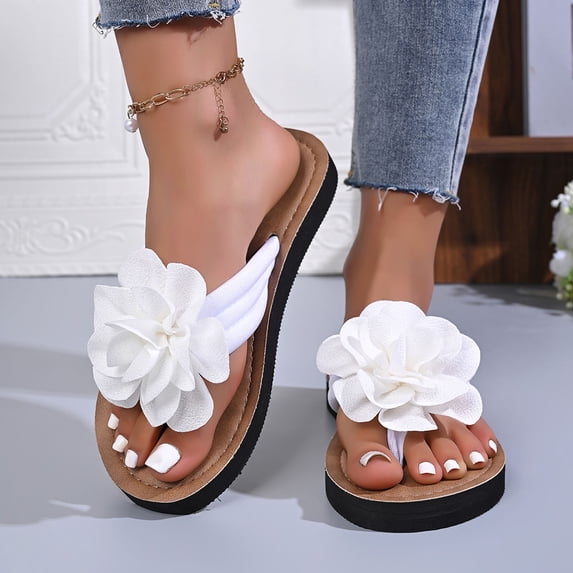 Caywon Women Flat Slide Sandals, Decorative Flower Toe Ring, Cork Sole ...