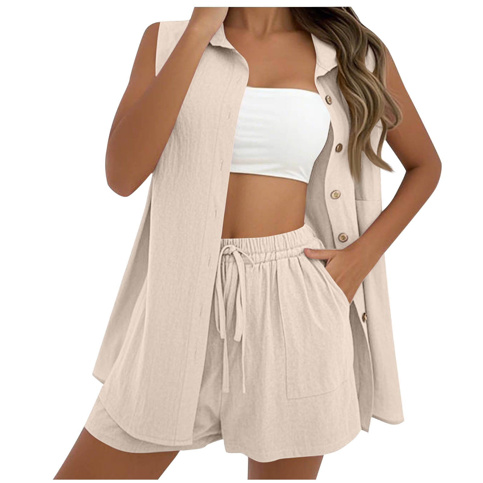 Caywon Women Solid Color Sleeveless Button Down Collar Top and Elastic ...