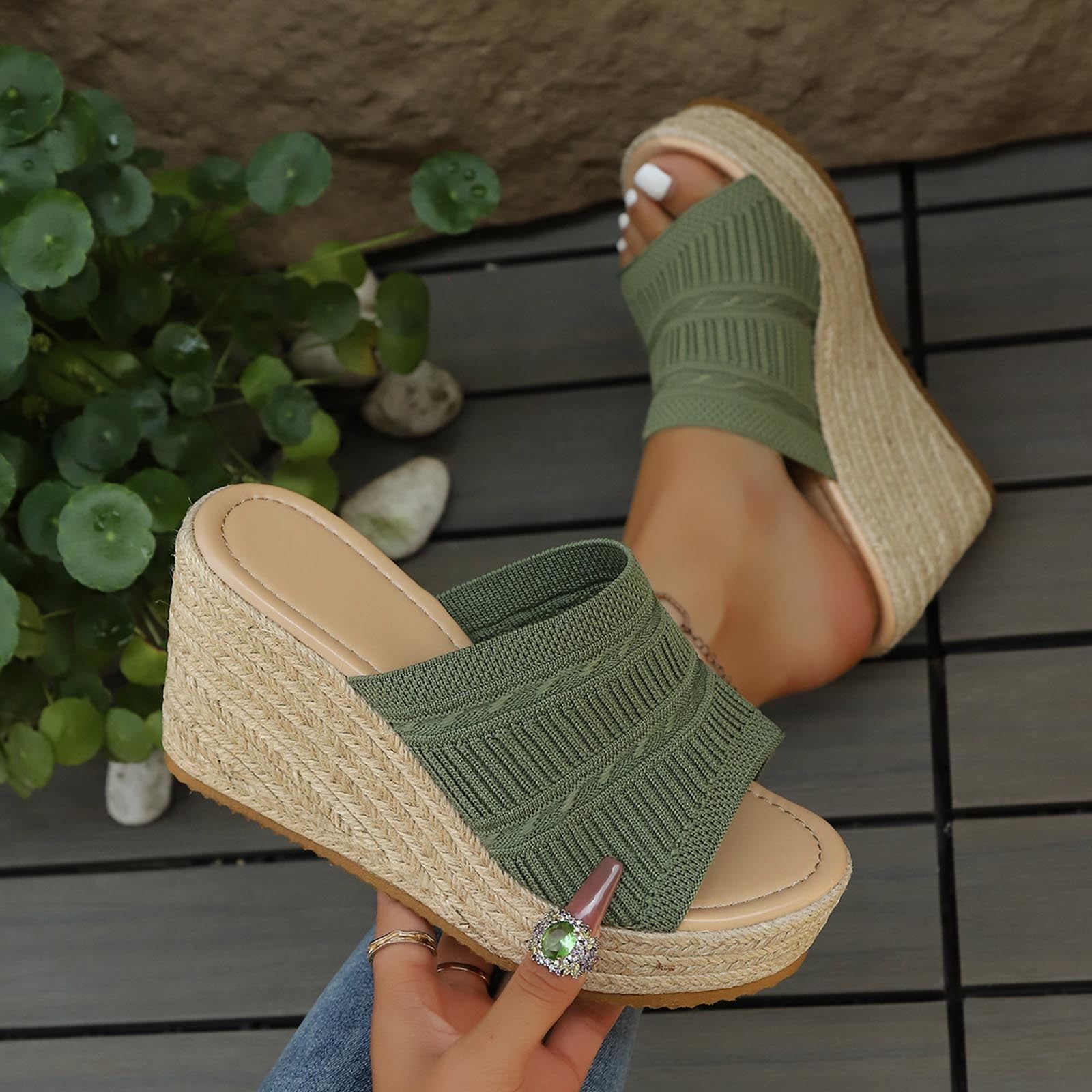Caywon Women Wedge Sandals Knit Open Toe Slide, Thick Sole Ladies Shoes ...