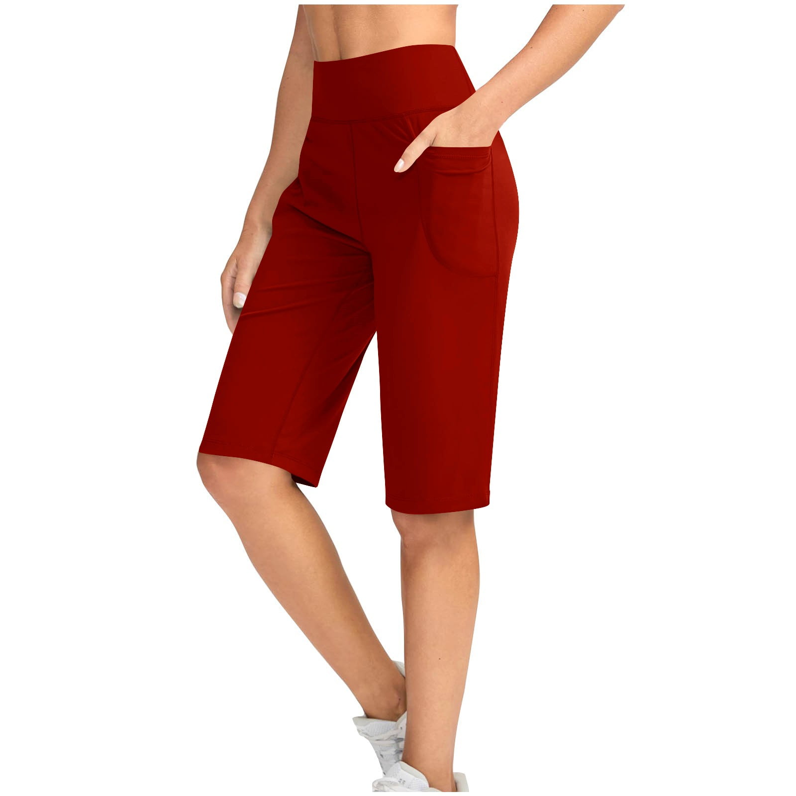 Caywon Women Yoga Shorts Solid Elastic Waist Pocket Half Length Pants ...