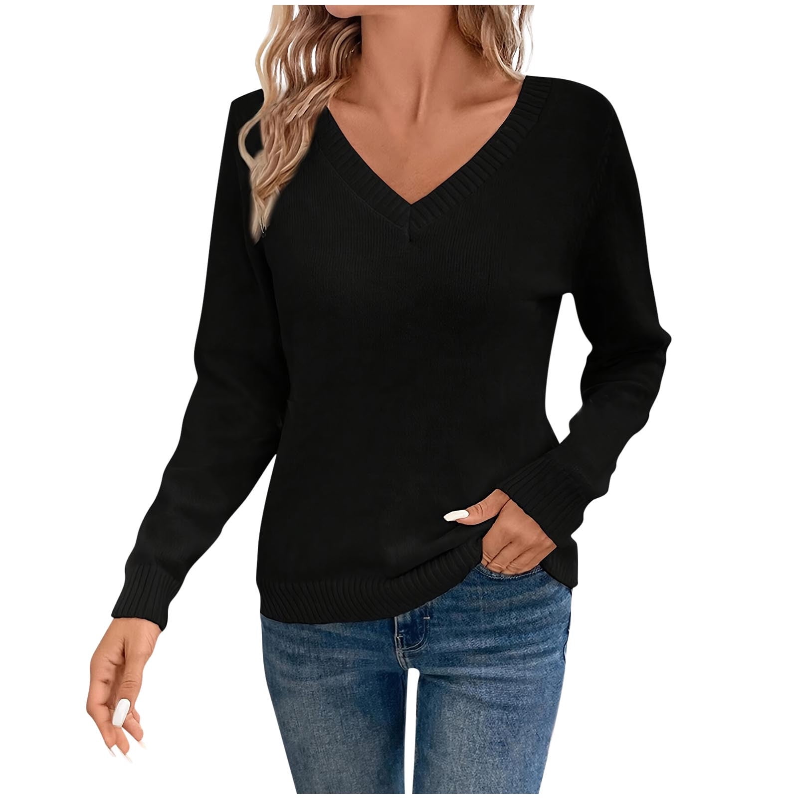 Caywon Women's Autumn Winter Pullover Long Sleeve V-Neck Loose Solid ...