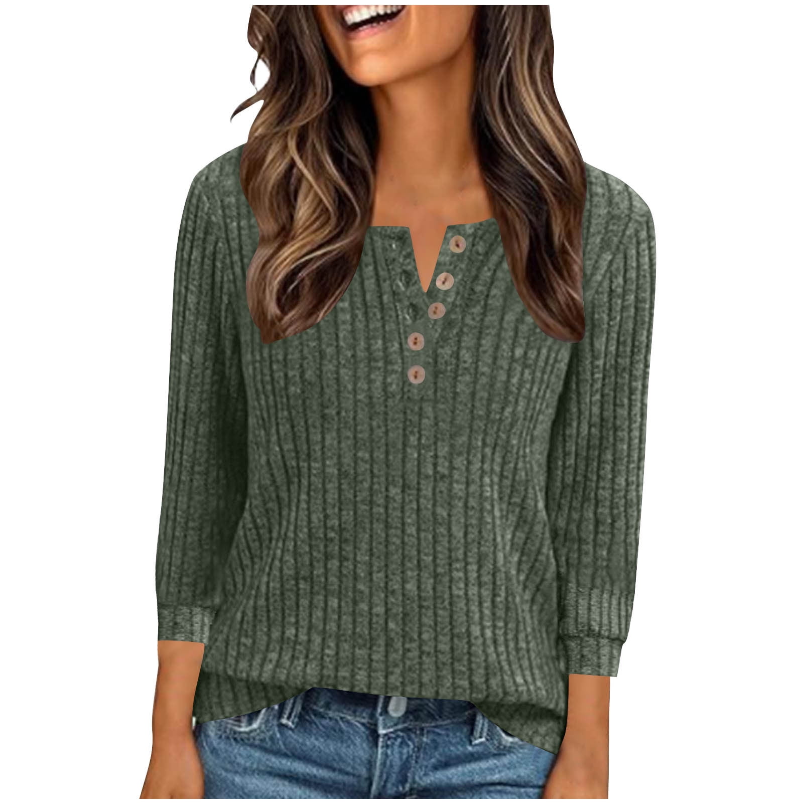 Caywon Women's Autumn Winter Top Casual Solid Color Crew Neck Button ...