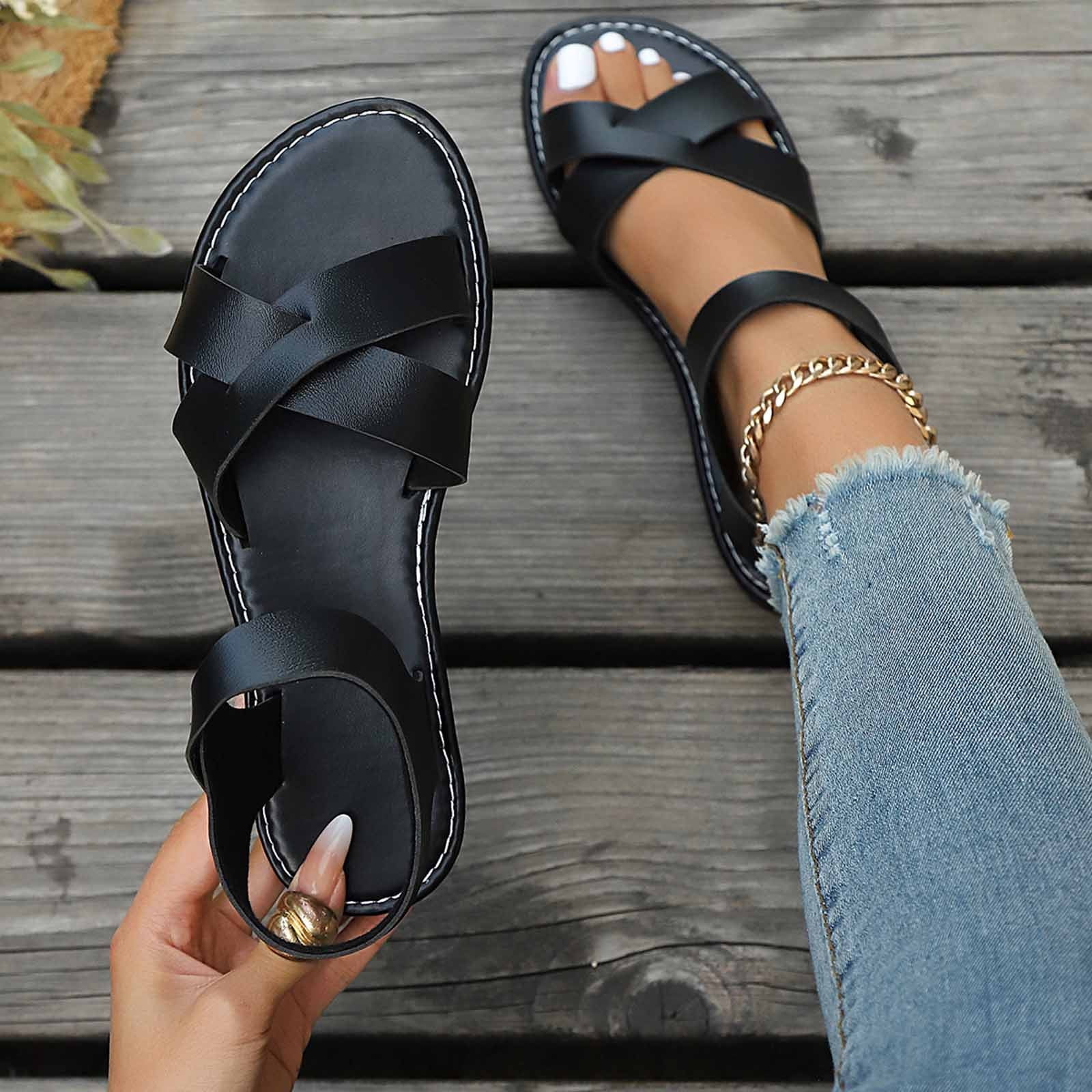 Caywon Women's Band Ankle Strap Flat Sandals Open Toe Walking Shoes ...