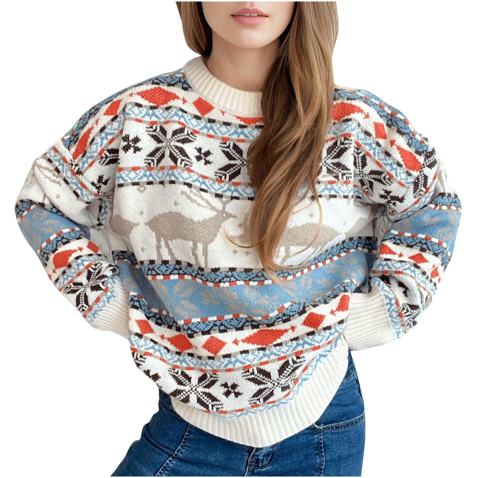 Caywon Women's Christmas Printed Sweater Round Neck Long Sleeve Knit ...