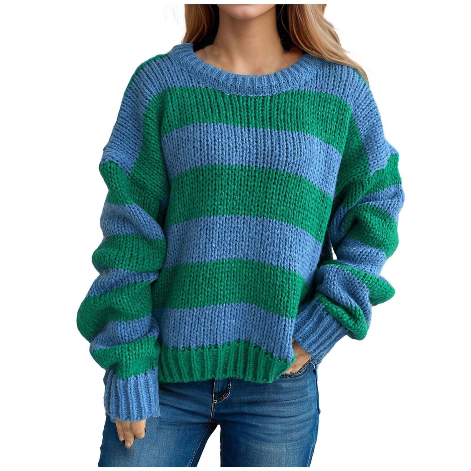Caywon Women's Color-Block Sweater Striped Round Neck Long Sleeve ...
