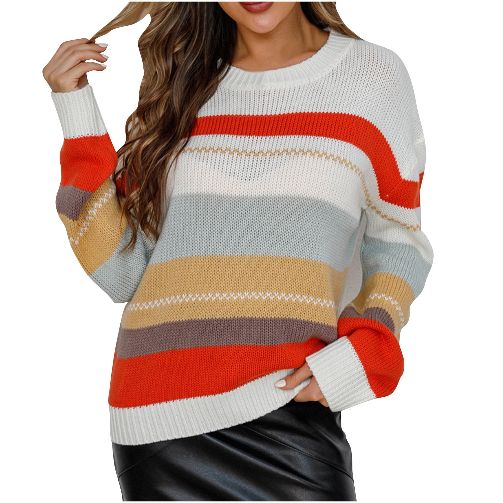 Caywon Women's Color-Block Sweater Striped Round Neck Long Sleeve ...