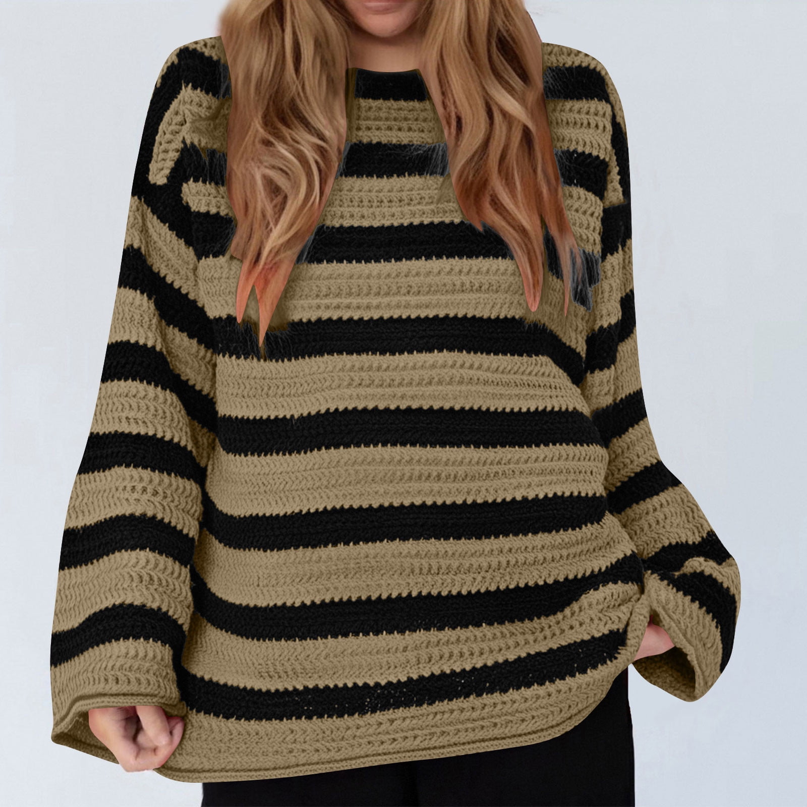 Caywon Women's Color-Block Sweater Striped Round Neck Long Sleeve ...