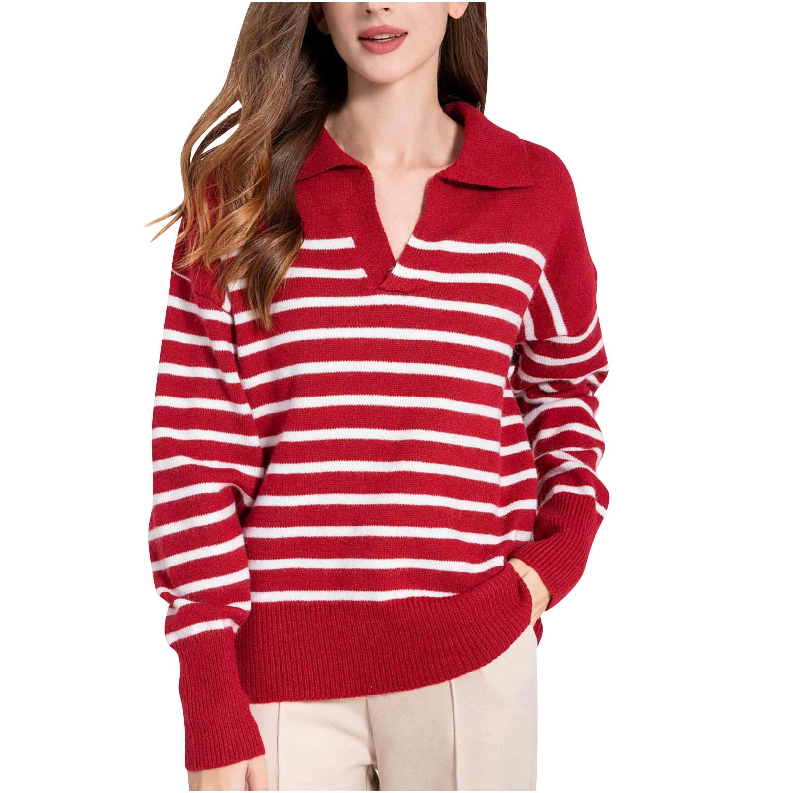 Caywon Women's Color-Block Sweater Striped Turn-Down Collar Long Sleeve ...