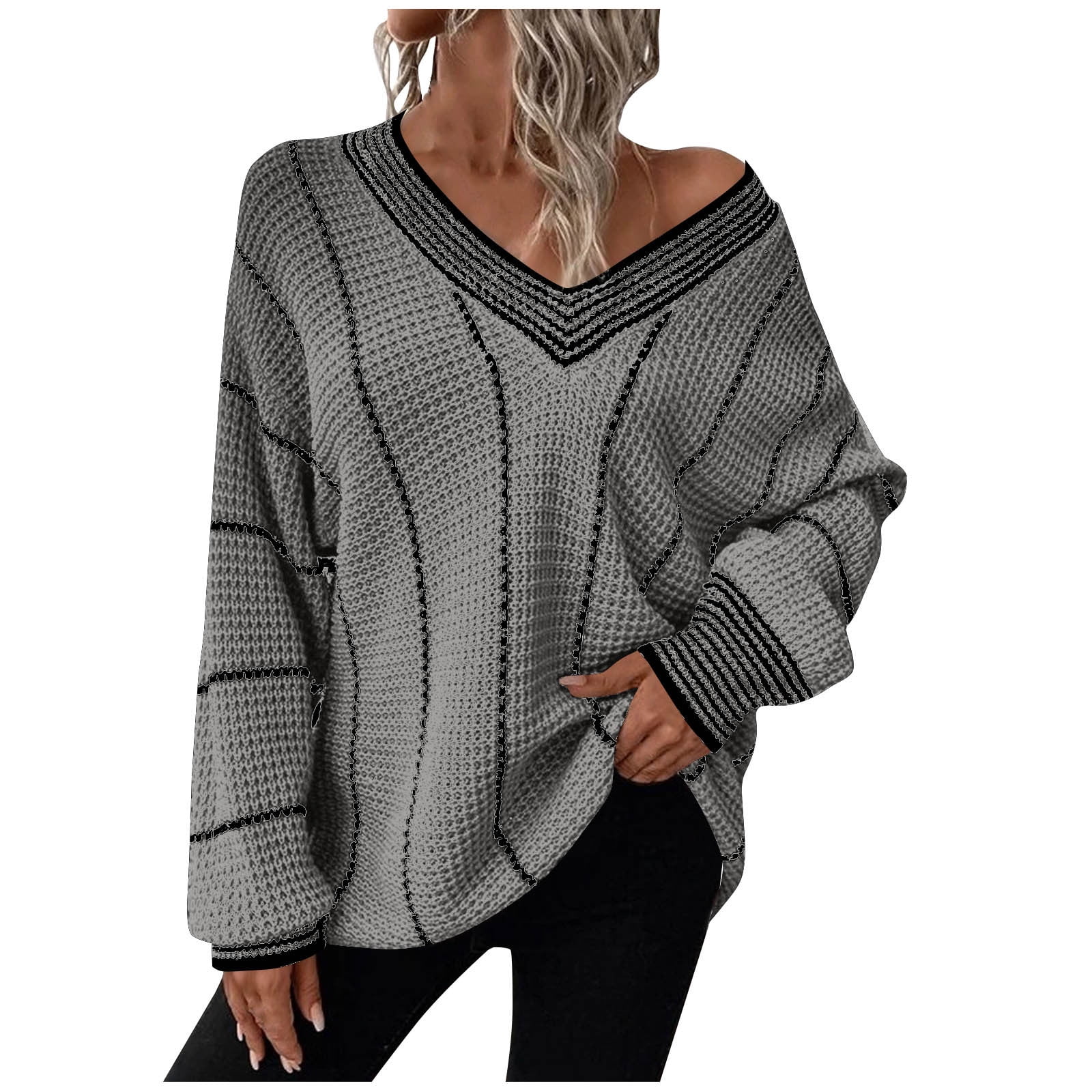 Caywon Women's Color-Block Sweater Striped V Neck Long Sleeve Lantern ...