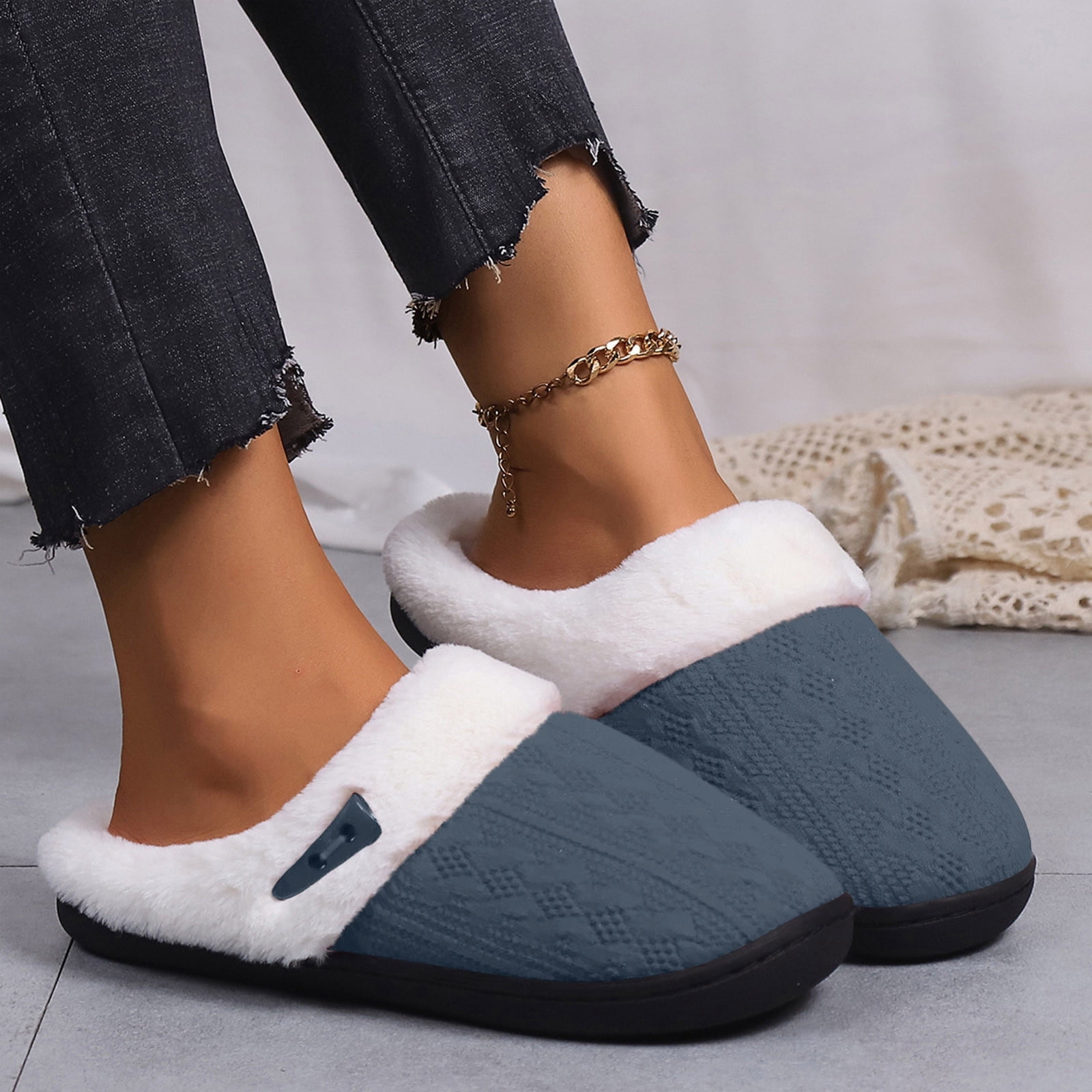 Caywon Women's Cotton Slippers Solid Color Autumn Winter Warm Casual ...