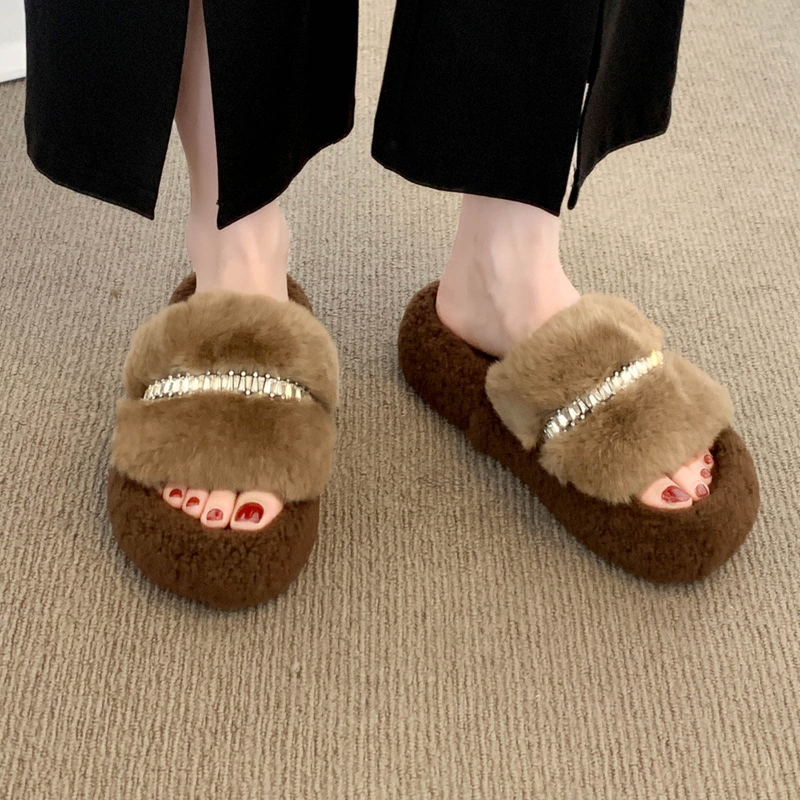 Caywon Women's Cotton Slippers Versatile Sweet Cool Letter Fleece-Lined ...