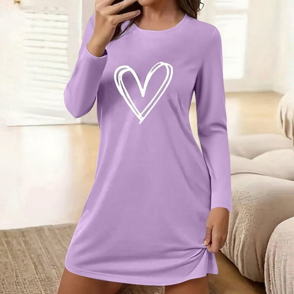 Caywon Women's Crew Neck Long Sleeve Short Nightgown Chest Heart Print ...