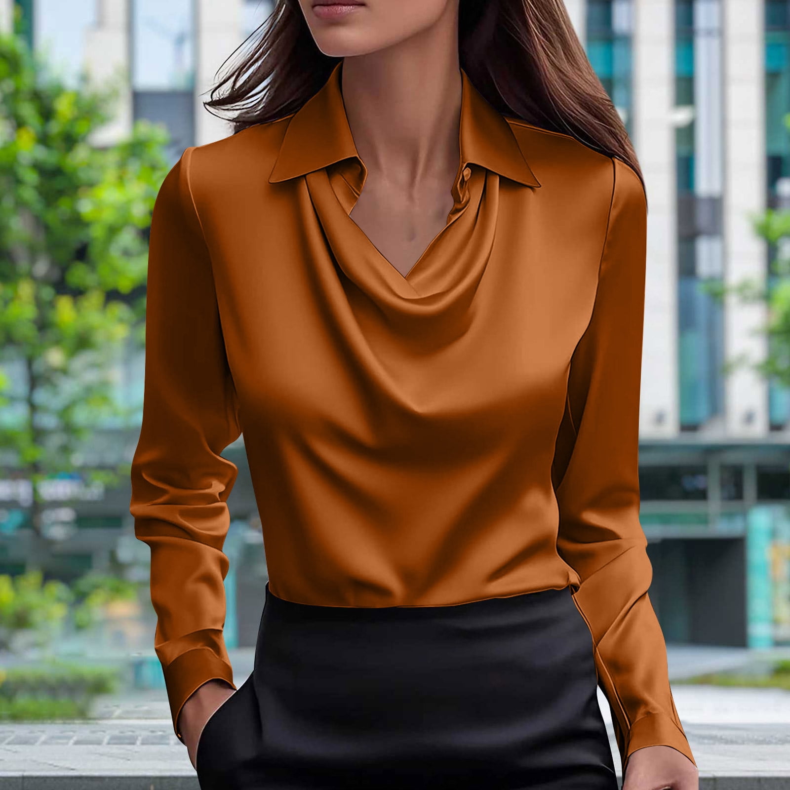 Caywon Women's Fall Winter Solid Color Satin Blouse Draped V-Neck Long ...