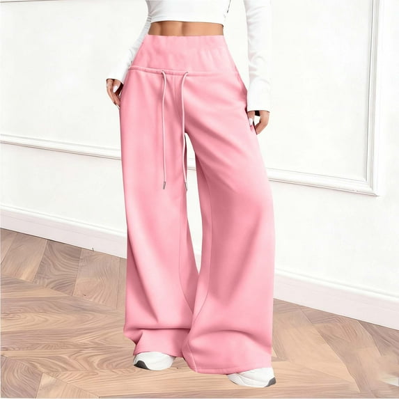 Caywon Women's Fashion Solid Color High Waist Wide Leg Pants Drawstring ...