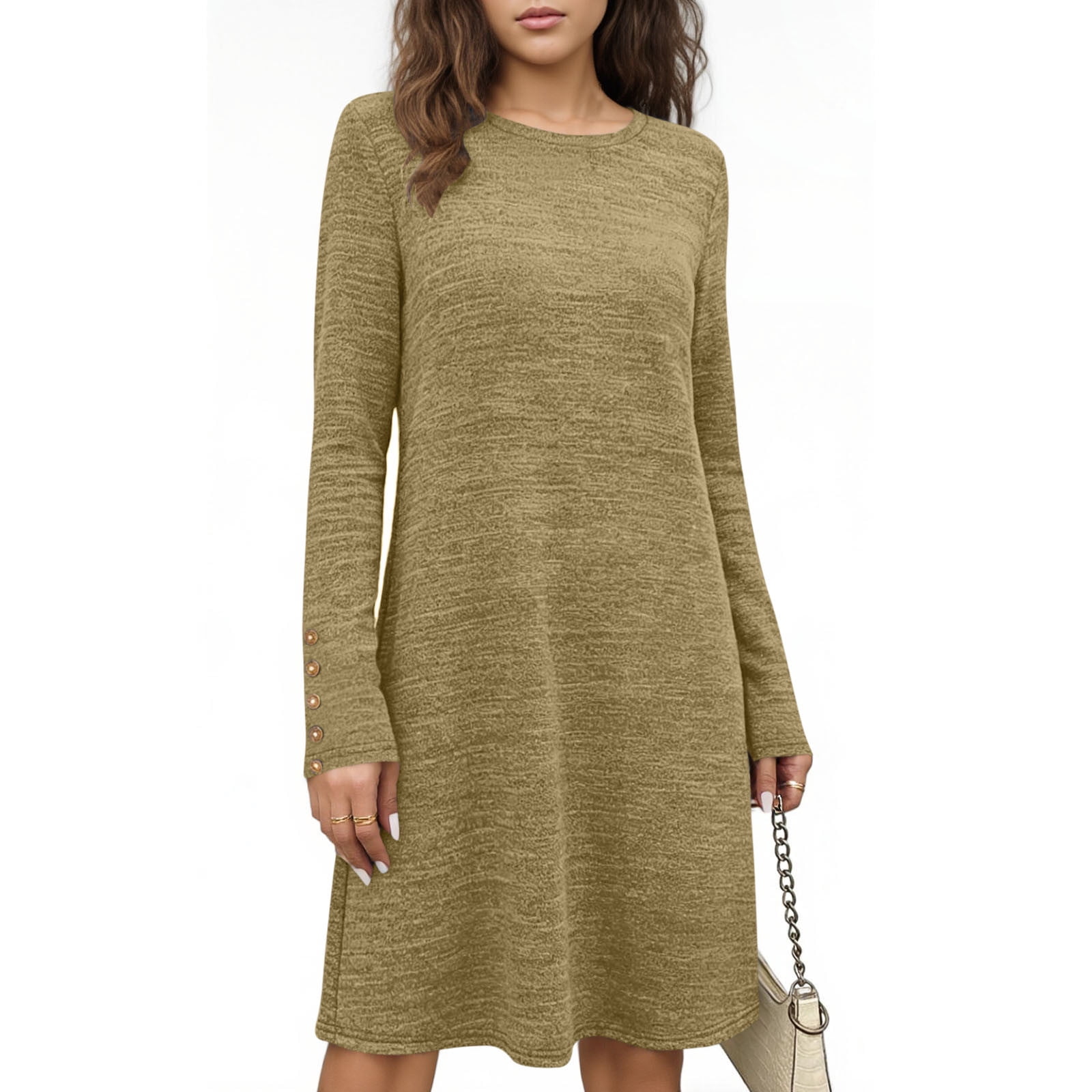 Caywon Women's Fashion Solid Color Long Sleeve Round Neck Dress Loose ...