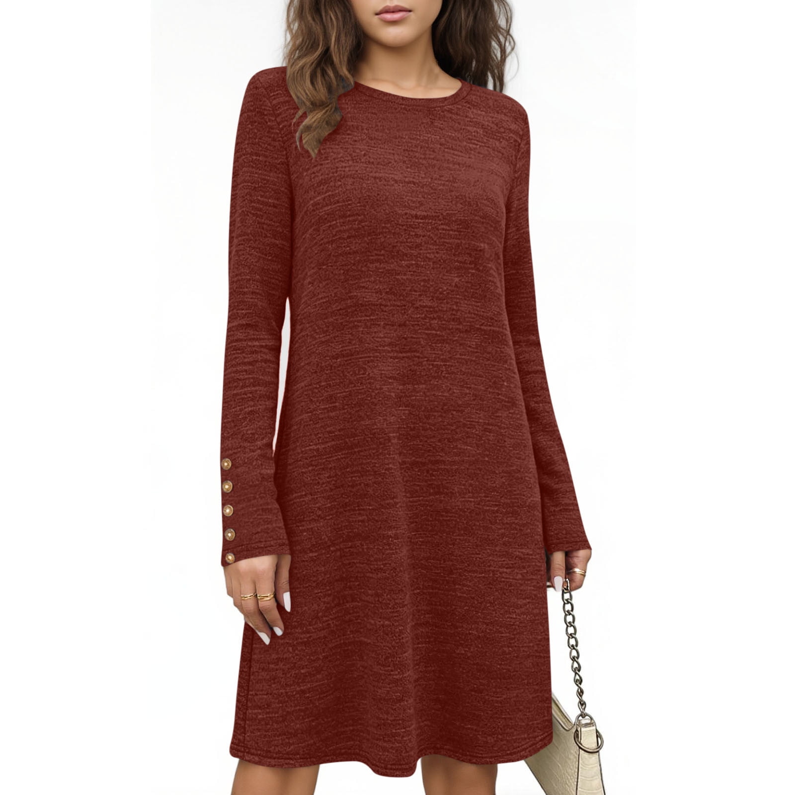Caywon Women's Fashion Solid Color Long Sleeve Round Neck Dress Loose ...