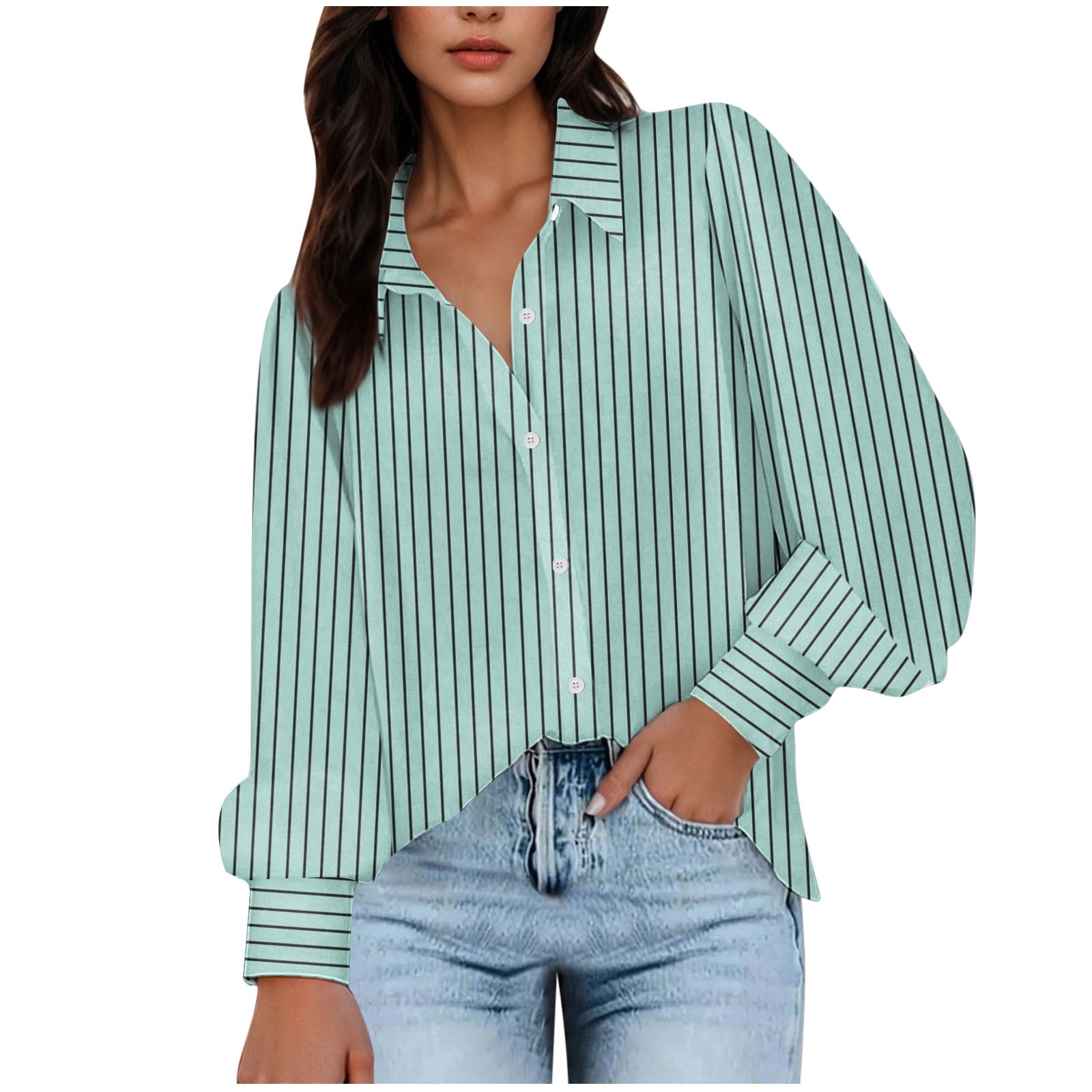 Caywon Women's Flowy Lantern Sleeve Blouse Lapel Neck Button Front ...