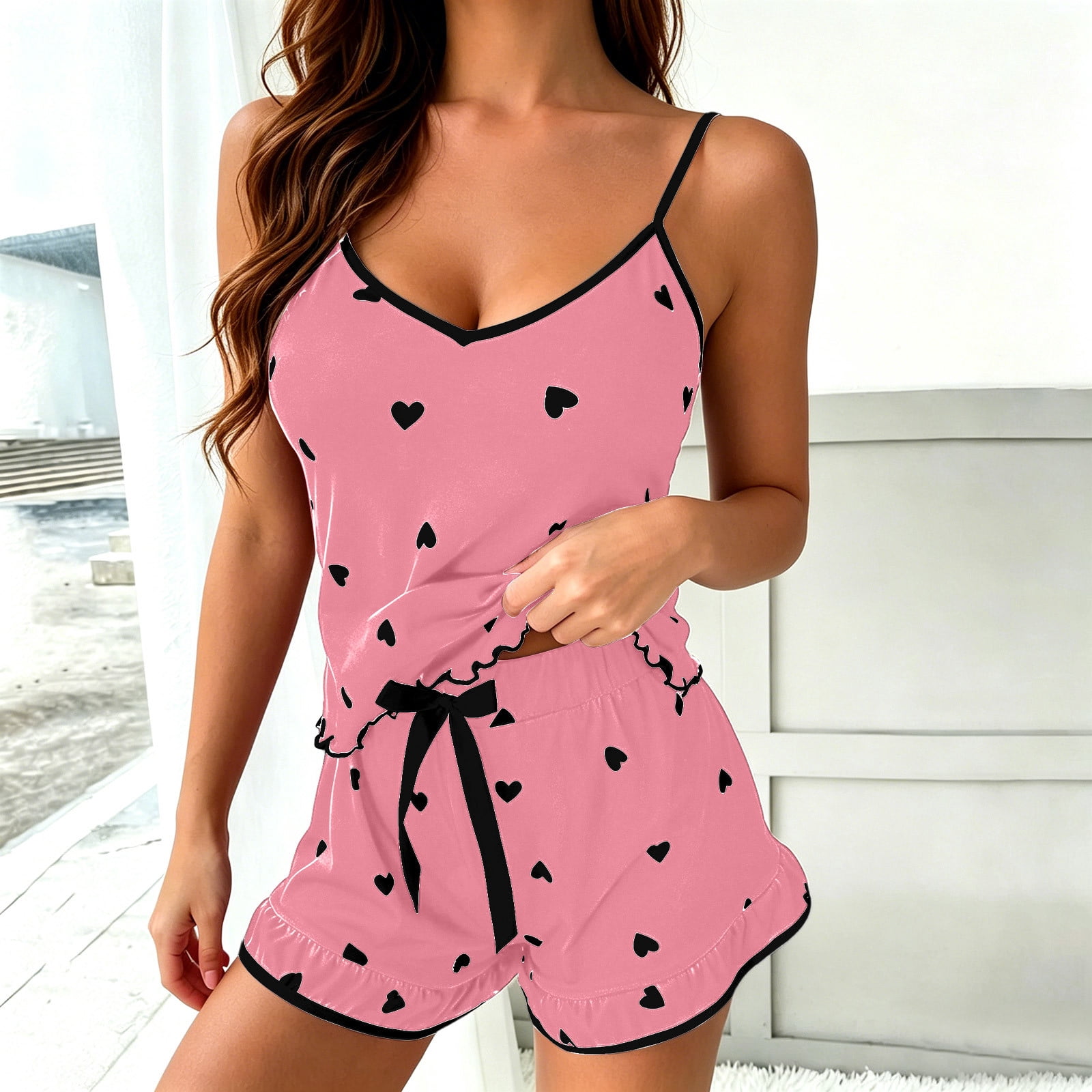 Caywon Women's Heart Print Satin Pajama Set Camisole Top and Shorts ...