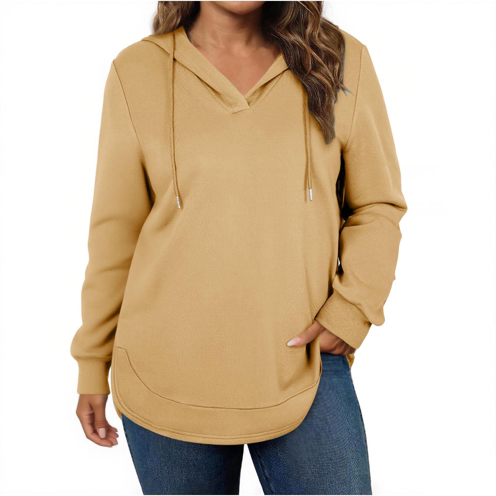 Caywon Women's Long Sleeve Hooded Solid Color Hooded Sweatshirt Loose ...