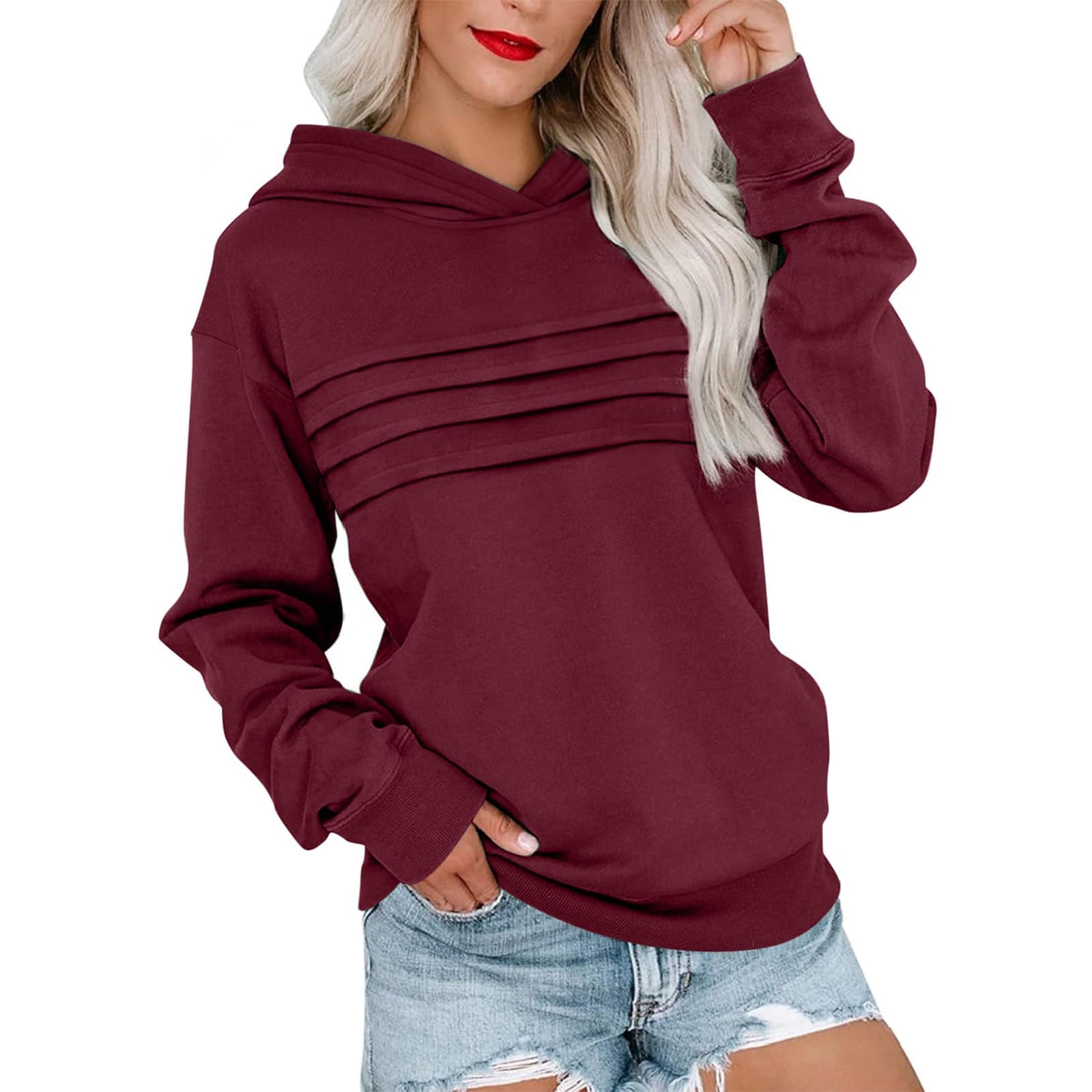 Caywon Women's Long Sleeve Hooded Sweatshirt With Chest Ruffles Solid ...