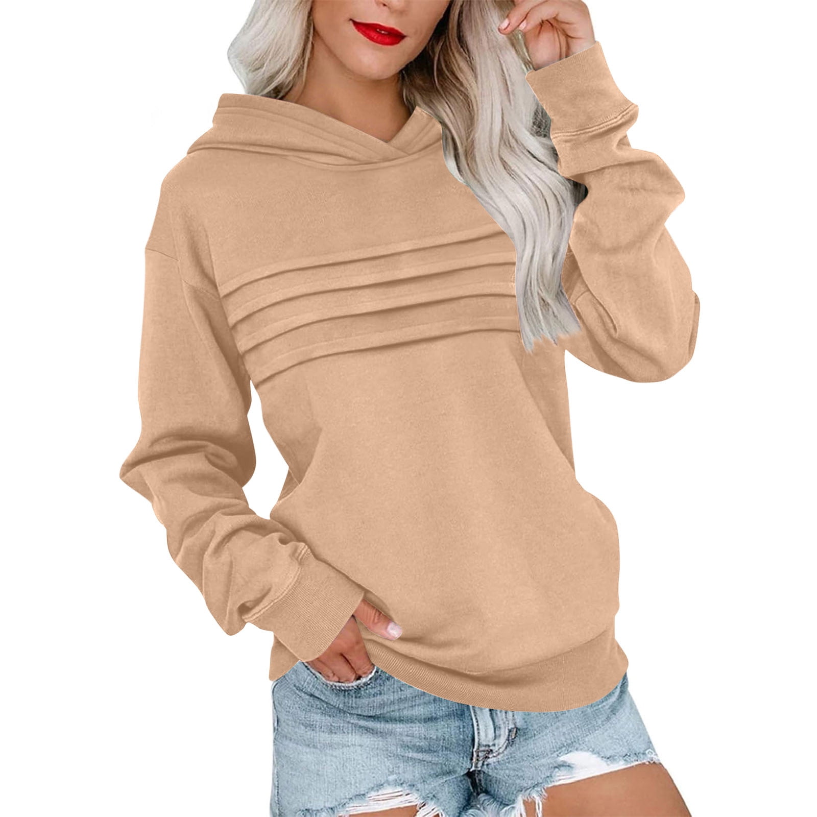 Caywon Women's Long Sleeve Hooded Sweatshirt With Chest Ruffles Solid ...