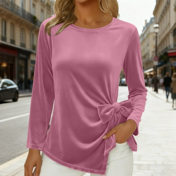 Caywon Women's Long Sleeve Solid Color Round Neck Blouse Basic ...