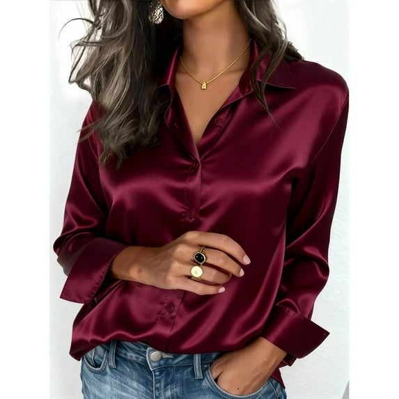 Caywon Women's Long Sleeve Solid Color Satin Button Down Lapel Shirt ...