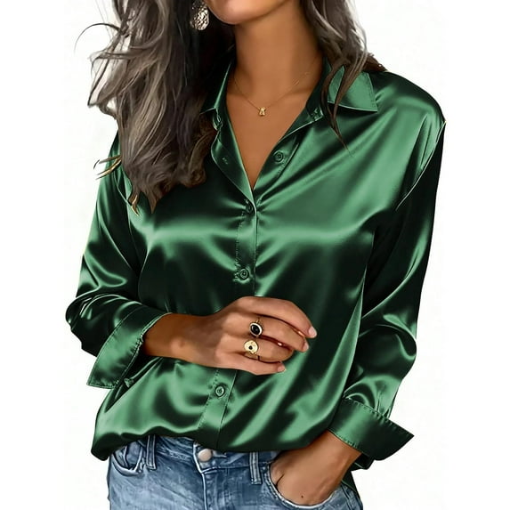 Caywon Women's Long Sleeve Solid Color Satin Button Down Lapel Shirt ...