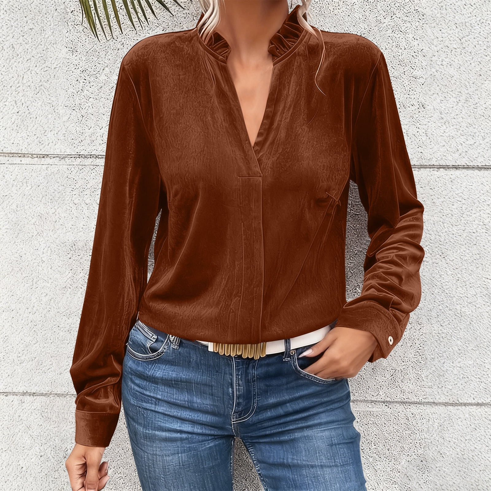 Caywon Women's Long Sleeve V Neck Blouse Classic Solid Color Design ...