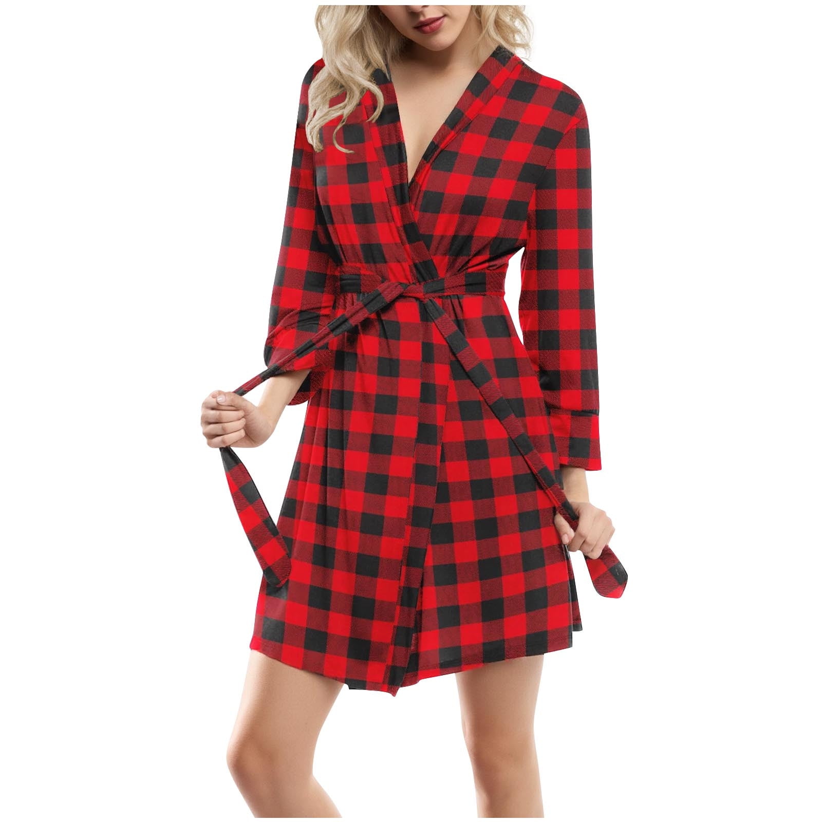 Caywon Women's Plaid Fabric Long Sleeve Nightgowns Homewear Pajama Robe ...