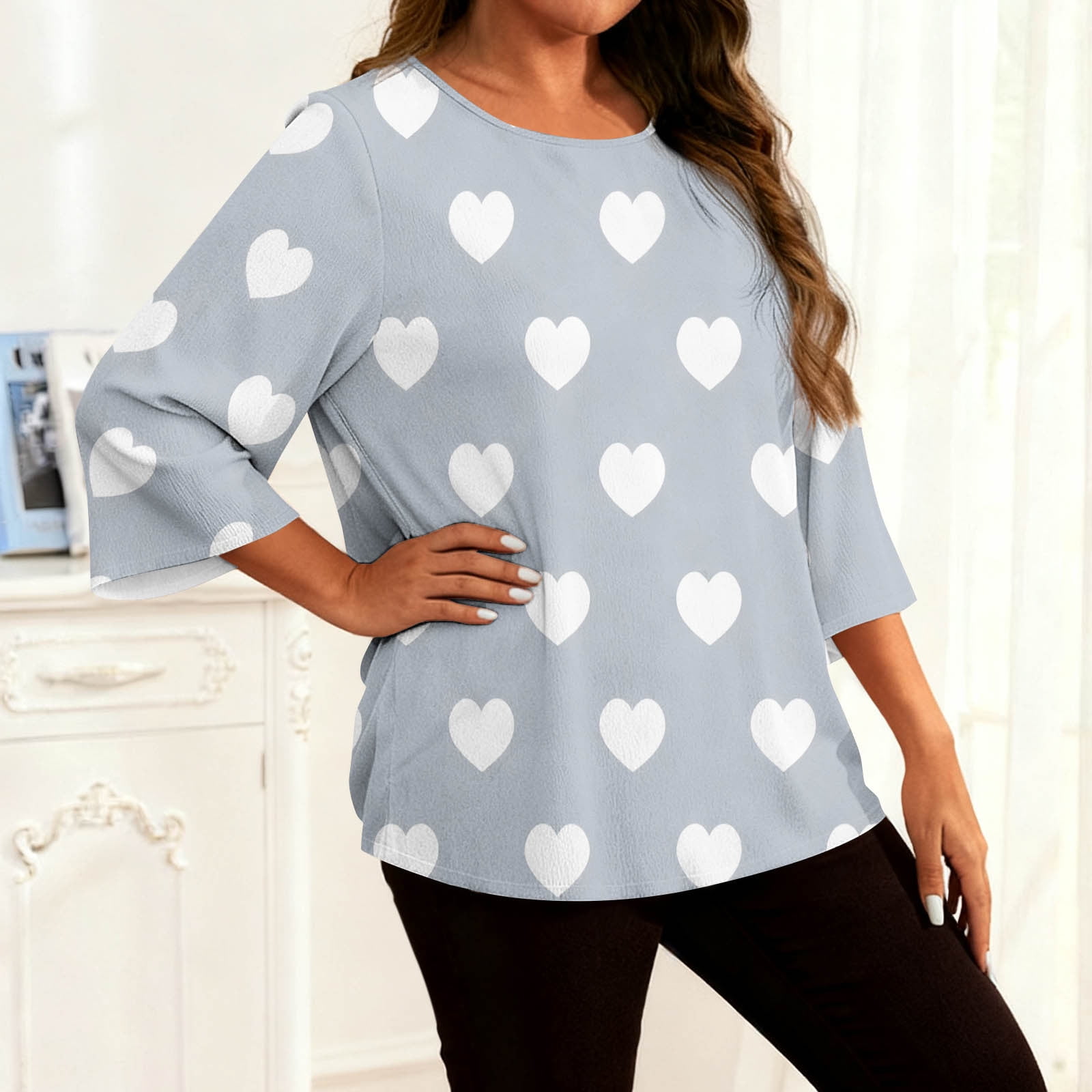 Caywon Women's Plus Size Heart Printed Casual Three Quarter Sleeve ...