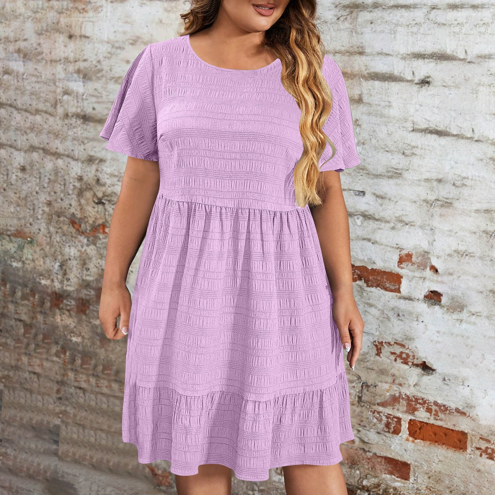 Caywon Women's Plus Size Solid Color Crew Neck Short Sleeve Dress Loose ...