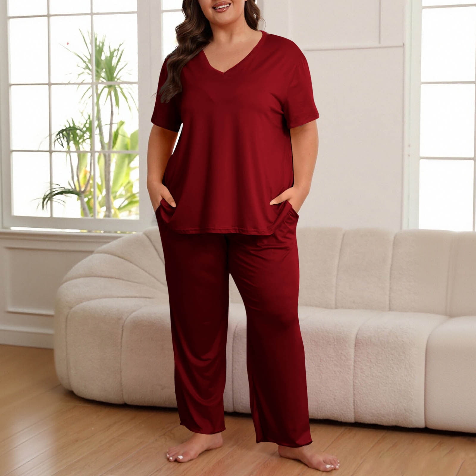 Caywon Women's Plus Size Solid Color Pajama Set V-Neck Short Sleeve ...