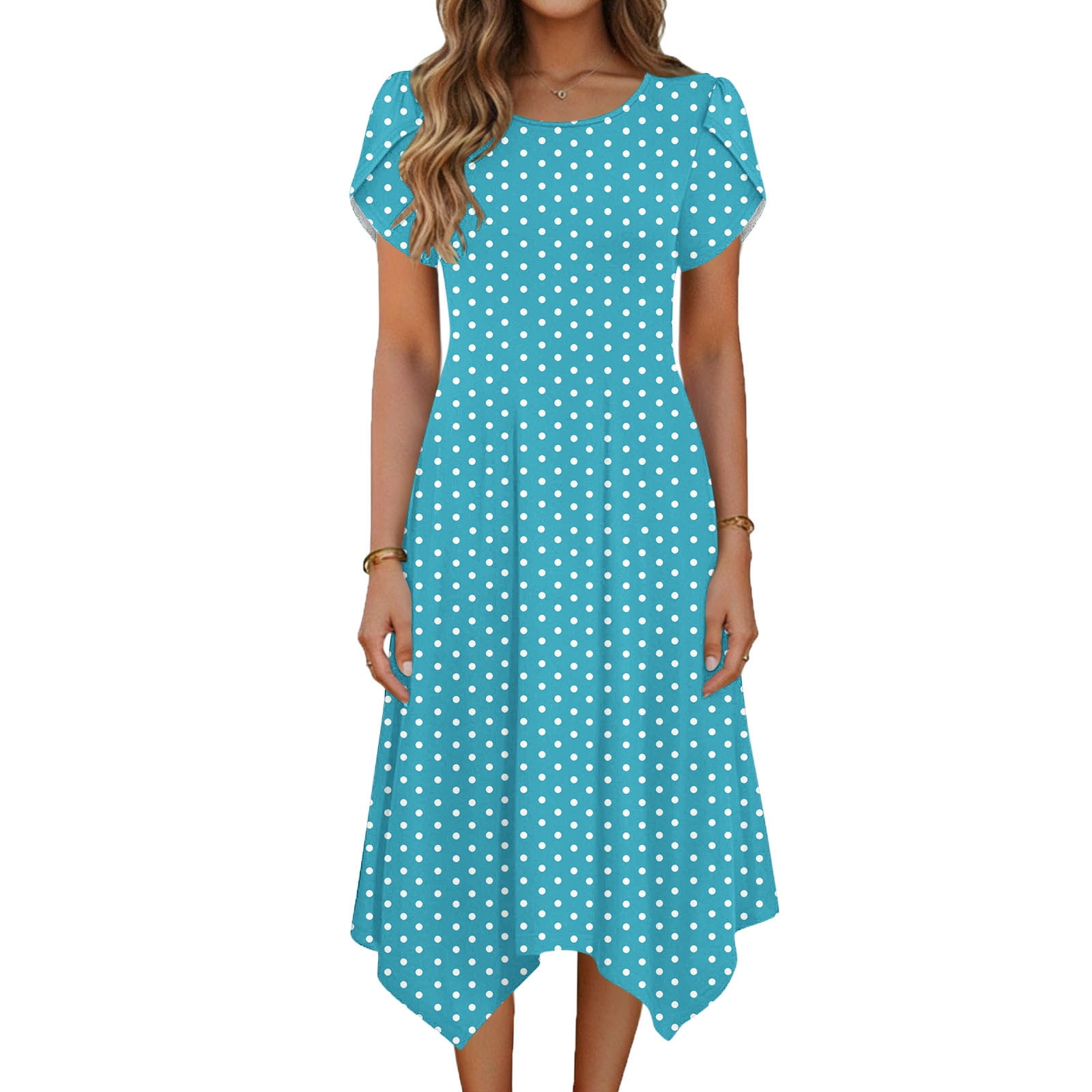 Caywon Women's Polka Dot Print Crew Neck Short Sleeve Dress Ruffle ...