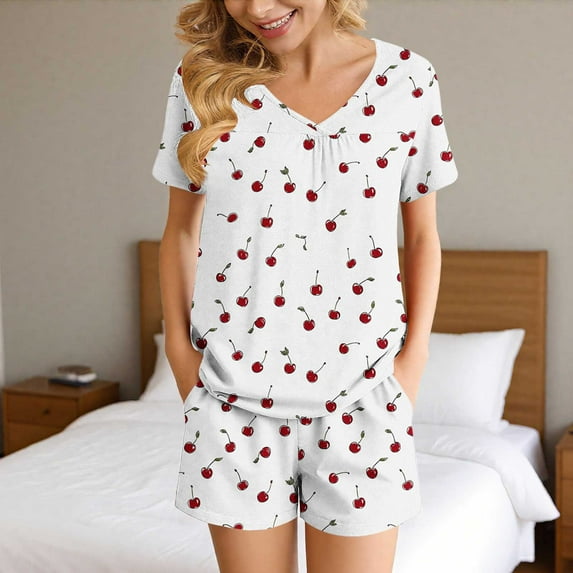 Caywon Women's Printed 2-Piece Homewear V-Neck Top with Pockets Shorts ...