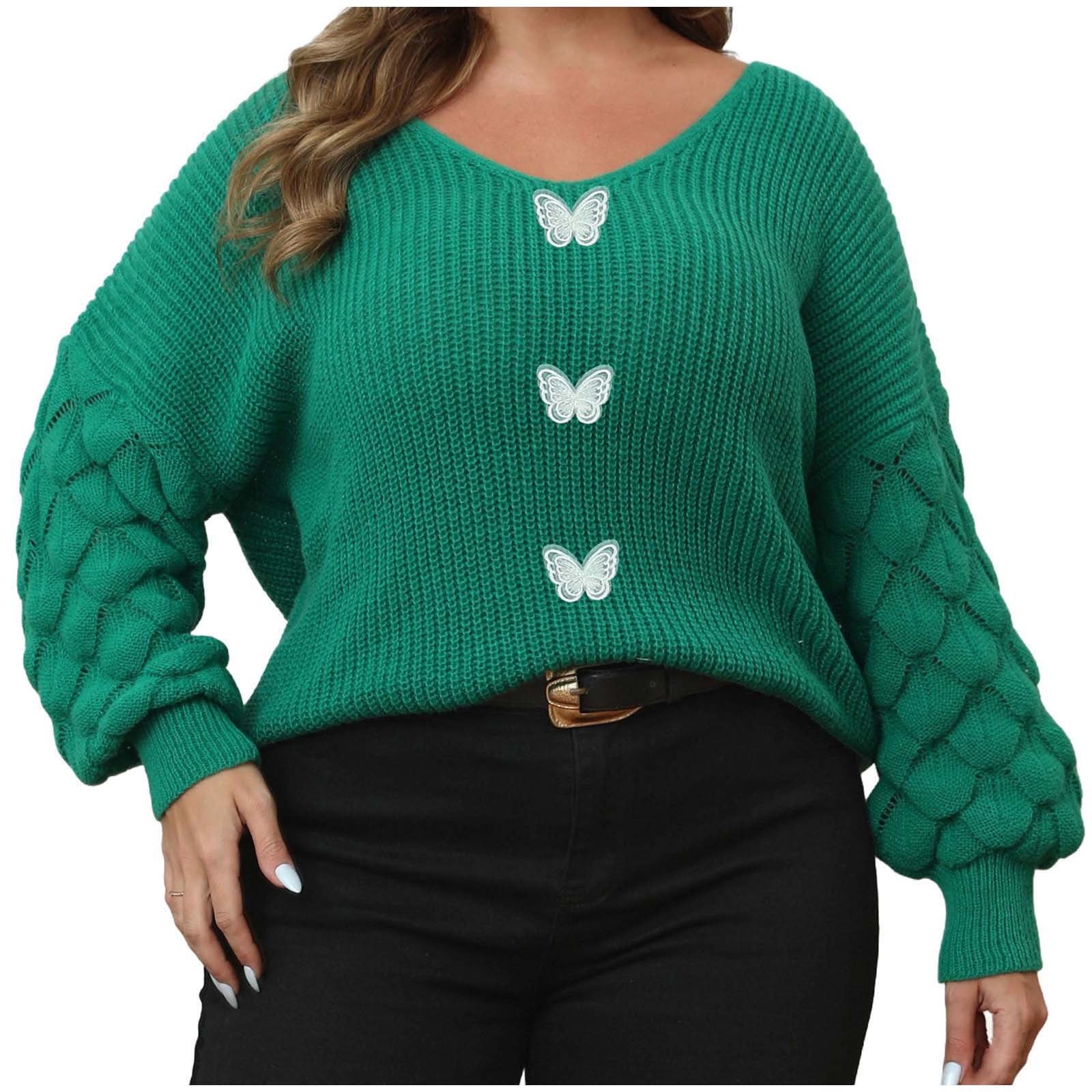 Caywon Women's Pullover Plus Size Lace Butterflies Spliced V-Neck ...