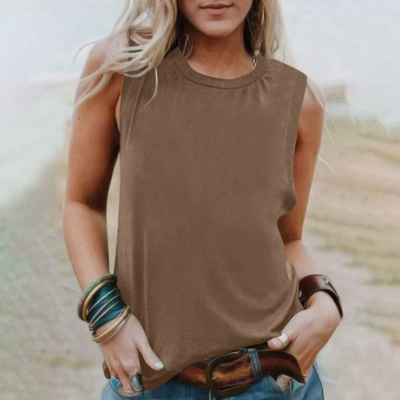 Caywon Women's Solid Color Crew Neck Casual Sleeveless Tank Top ...