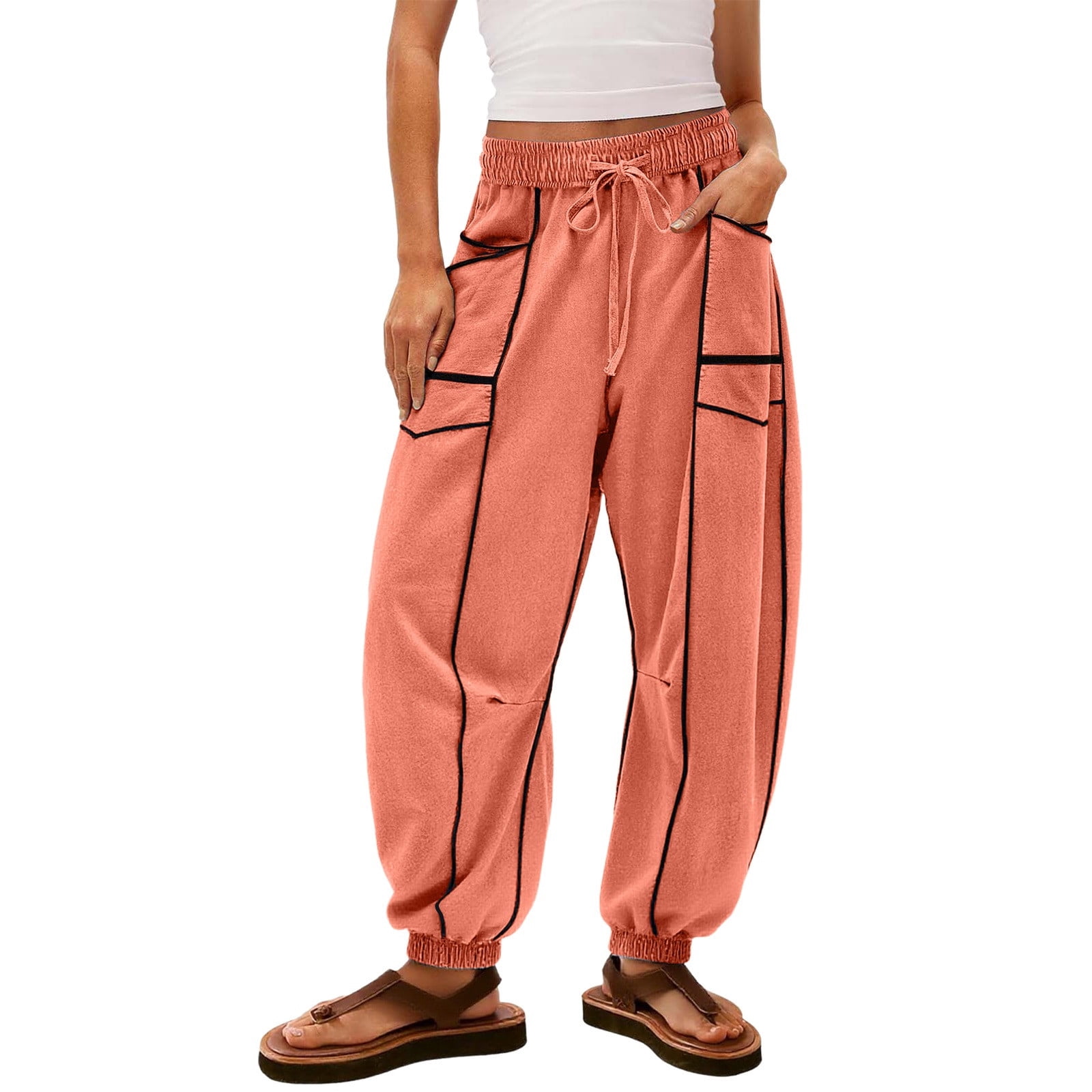 Caywon Women's Solid-Color Cuffed Wide-Leg Pants Casual Elastic Waist ...