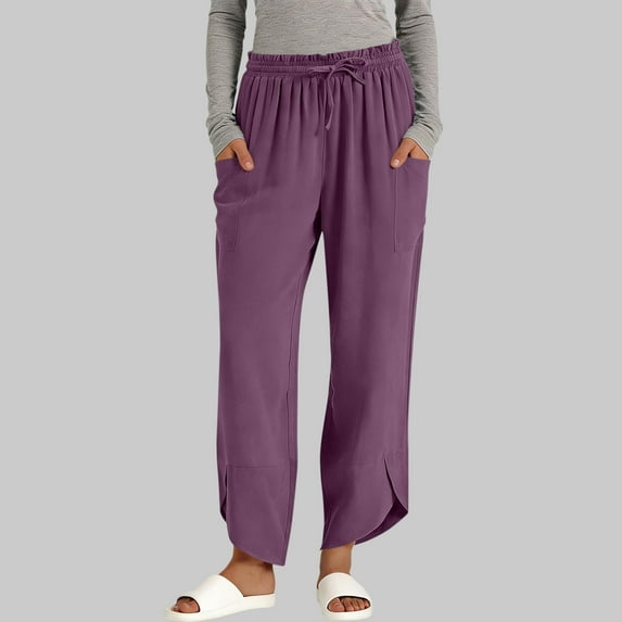 Caywon Women's Solid Color Elastic Waist Pants with Pockets Drawstring ...